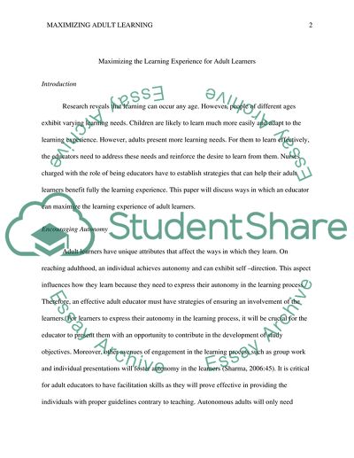 Maximizing the Learning Experience for Adult Learners Essay Example ... Maximizing the Learning Experience for Adult Learners Essay Example ...