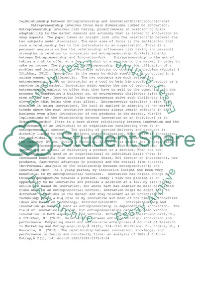 Relationship Between Entrepreneurship and Innovation Essay Relationship Between Entrepreneurship and Innovation Essay